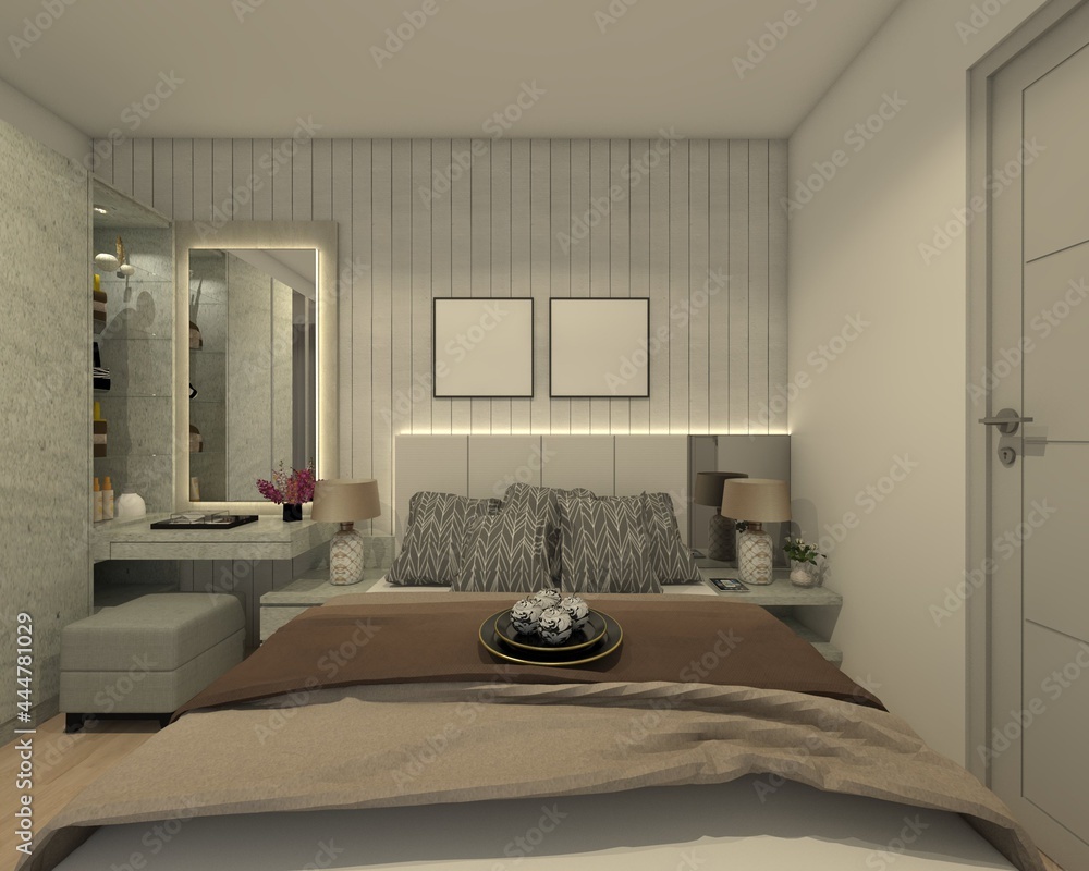 front view interior of a modern bedroom design with comfortable bed and ...