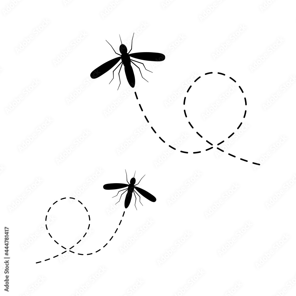 Mosquito fly icon. Mosquito flying on a dotted route. Bloodsucker ...