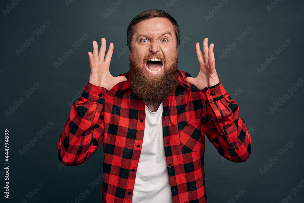 Angry and disappointed handsome bearded man in checkered shirt swearing ...