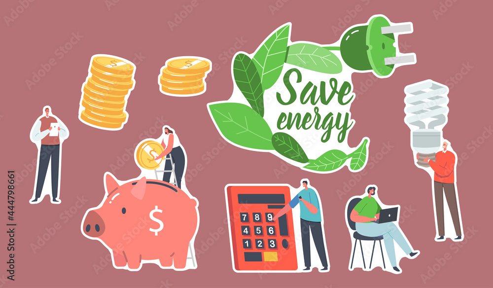 Set of Stickers Save Energy Theme. Male and Female Characters Counting ...
