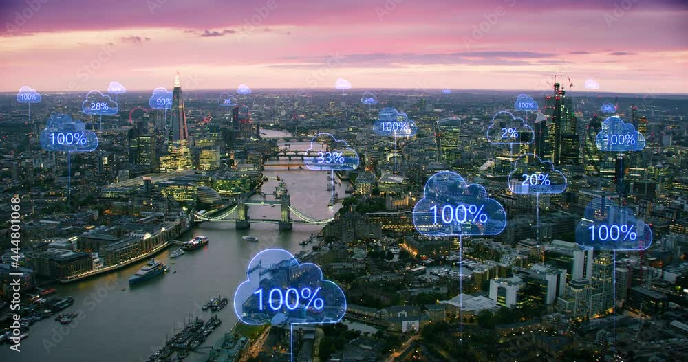 Aerial smart city. Network connections and cloud computing icons with ...