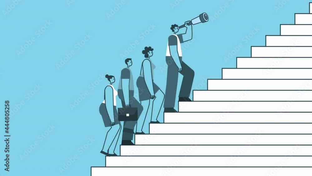 Team walk up the stairs with male leader in front. Career Growth and ...