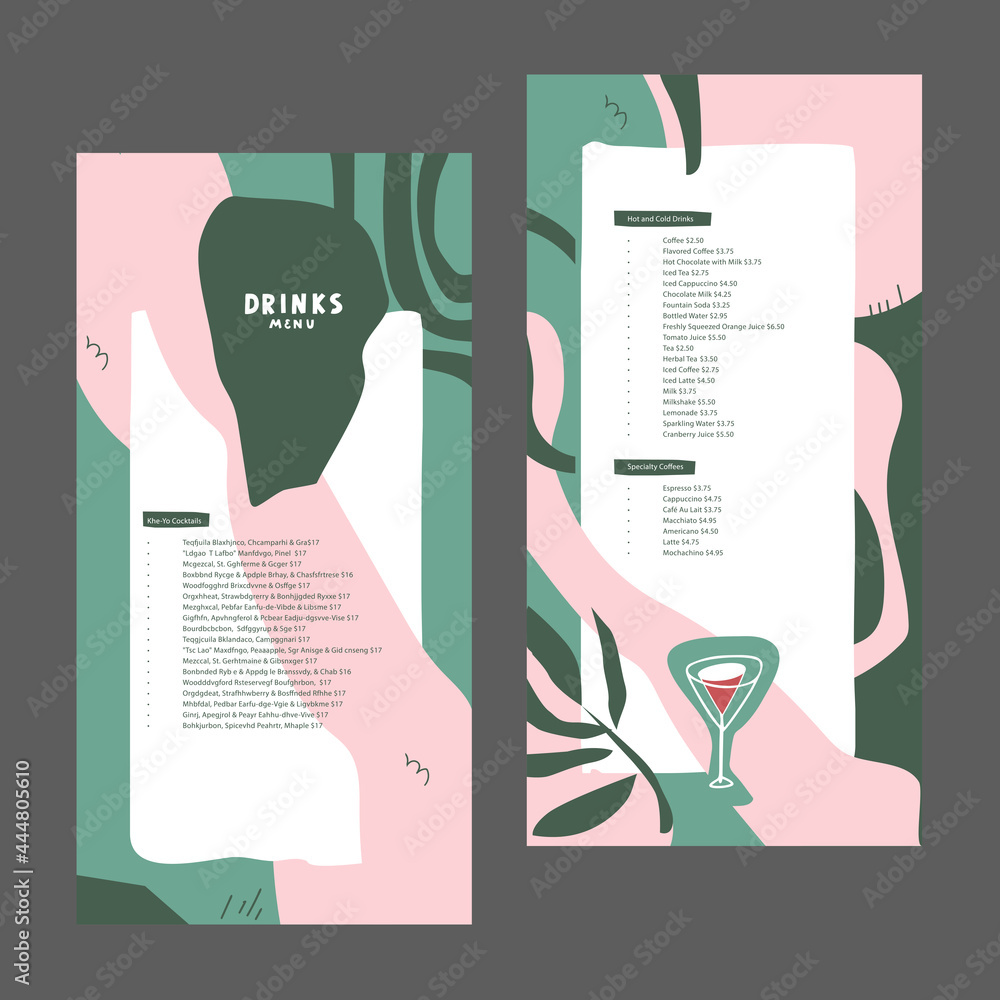 Drinks menu design. Alcoholic, refreshing drinks, tropical leaves ...