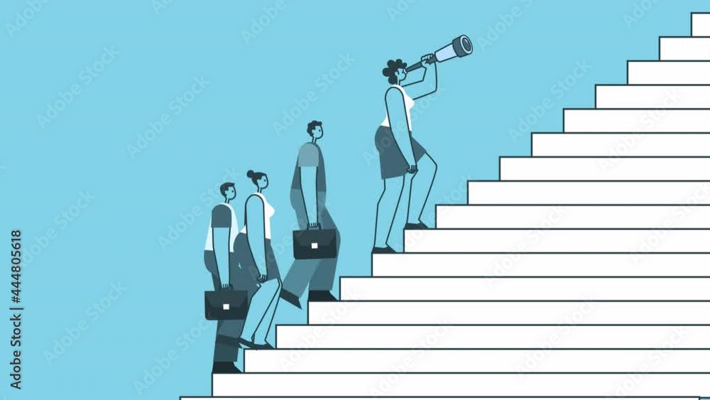 Team walk up the stairs with woman leader in front. Flat Design Cartoon ...