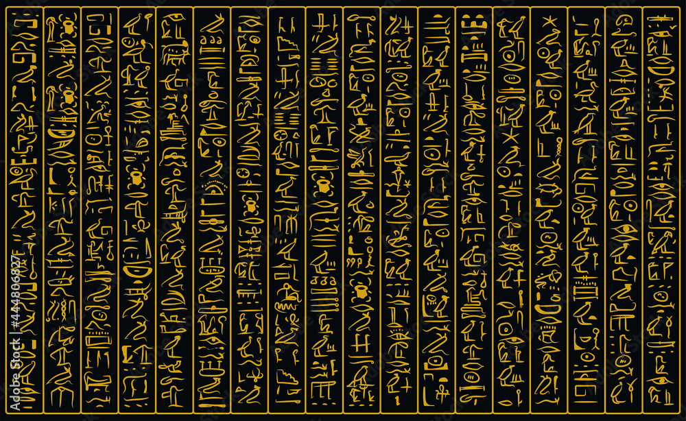 Ancient golden egyptian hieroglyphs alphabet pattern over black ...