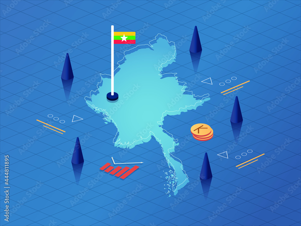 Myanmar Map, Flag and Currency Modern Isometric Business and Economy Vector Illustration Design ...
