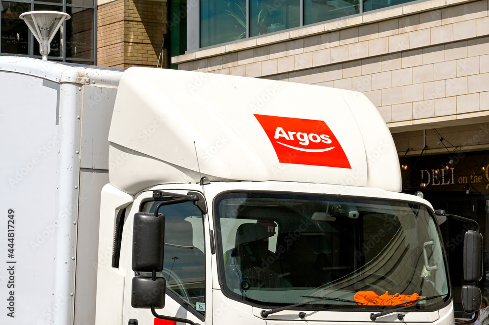 Poole, England - June 2021: Argos lorry delivering goods in Poole town ...