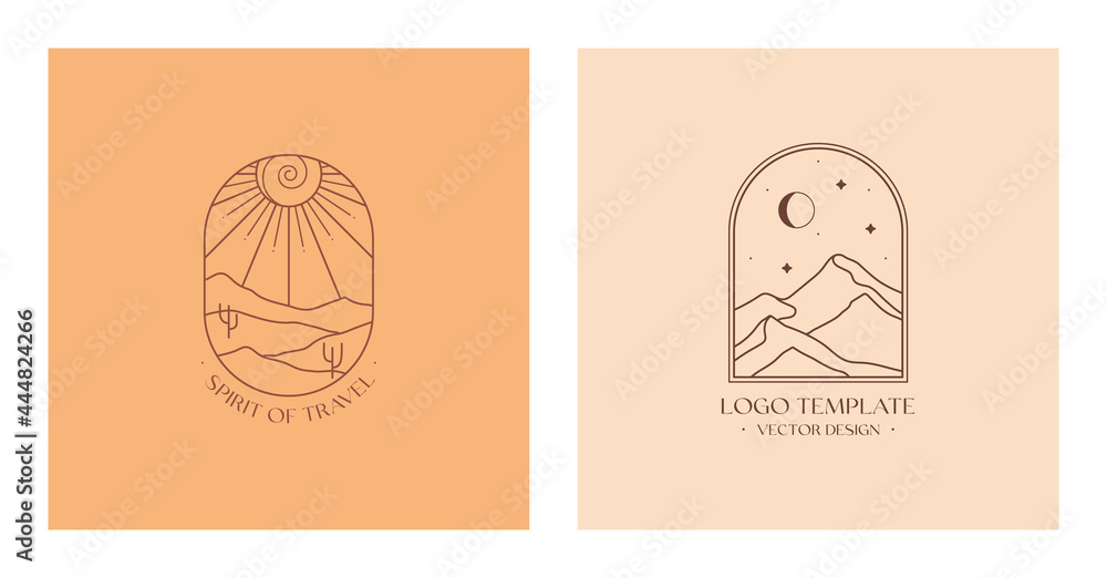 Vector linear boho emblems with abstract mountain landscapes.Travel ...