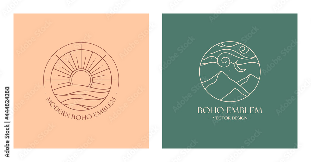 Set of vector linear boho emblems.Bohemian logo designs with sea,sun ...