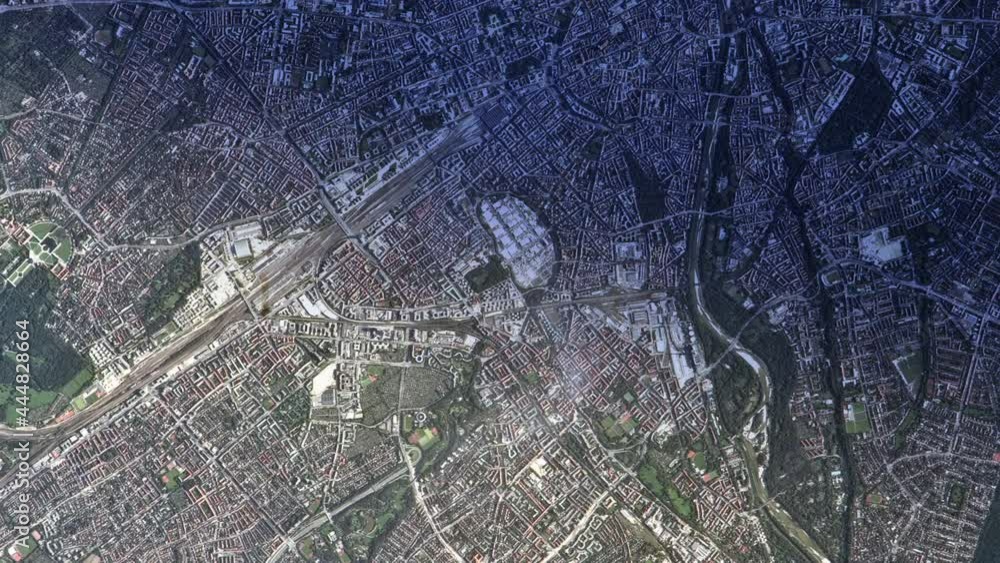 Sunrise animation flying over city satellite aerial view of Munich ...