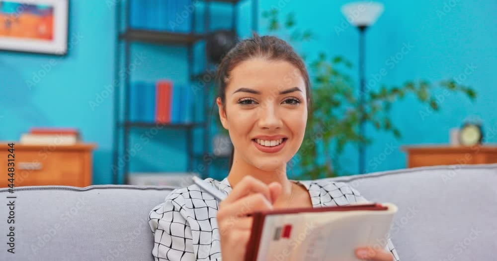 Female smiling face, looking into camera, brown eyes, dark hair, even ...