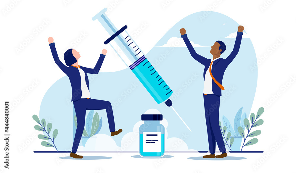 Businesspeople celebrating vaccine - Two people cheering and being ...