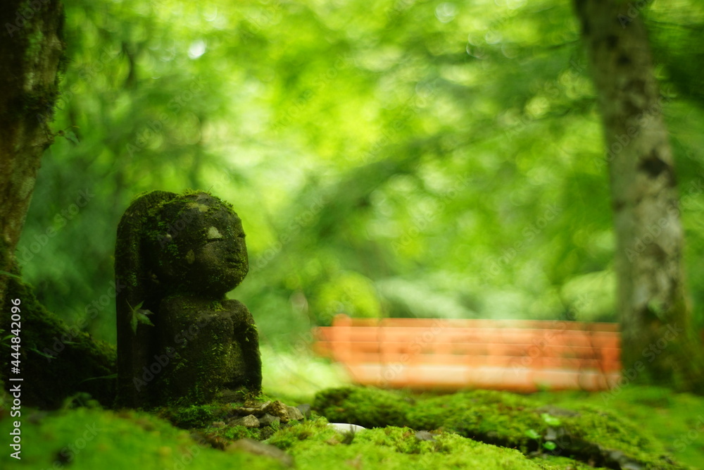 Smiled stone statue in japanese moss garden of Sanzenin, Kyoto Stock ...
