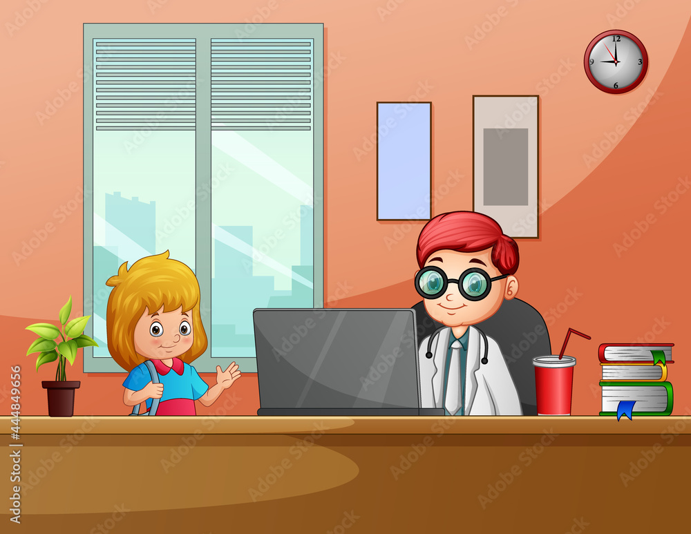 Cartoon cute girl with her father working in front of his computer ...