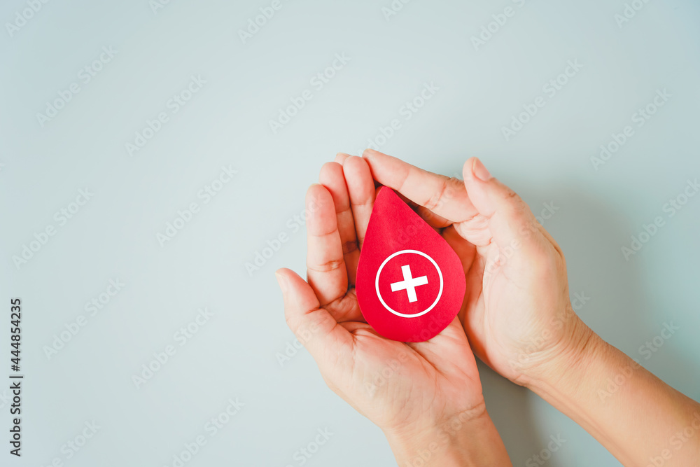 red blood shape in human's hand for world blood donor day and save life ...