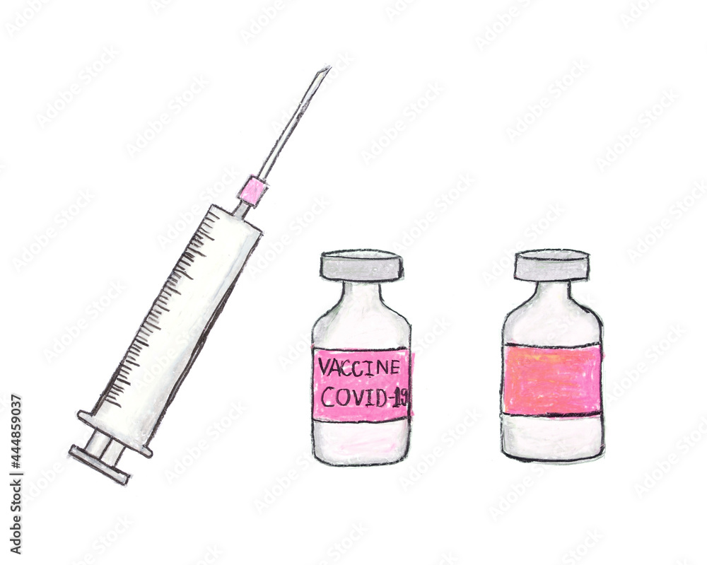 syringe and COVID-19 vaccine drawing with crayon on white paper, COVID ...