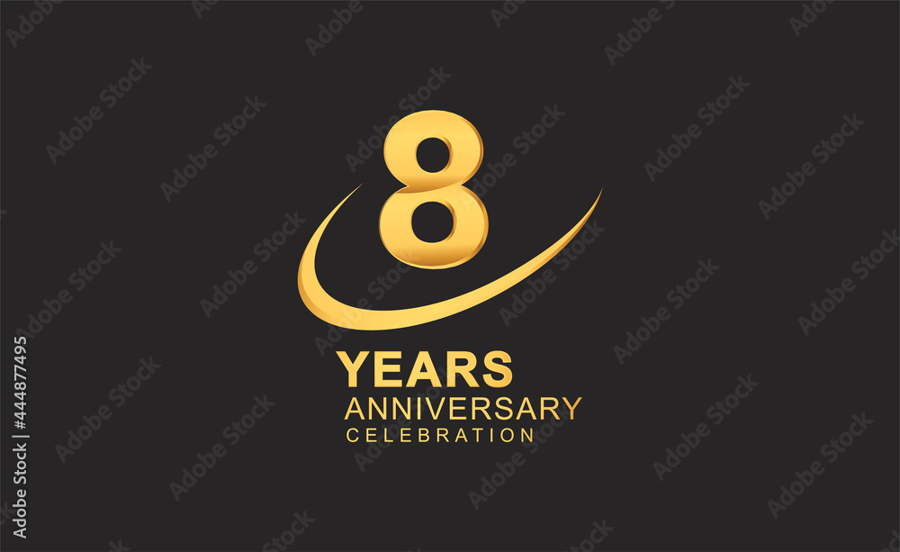8th years anniversary with swoosh design golden color isolated on black ...
