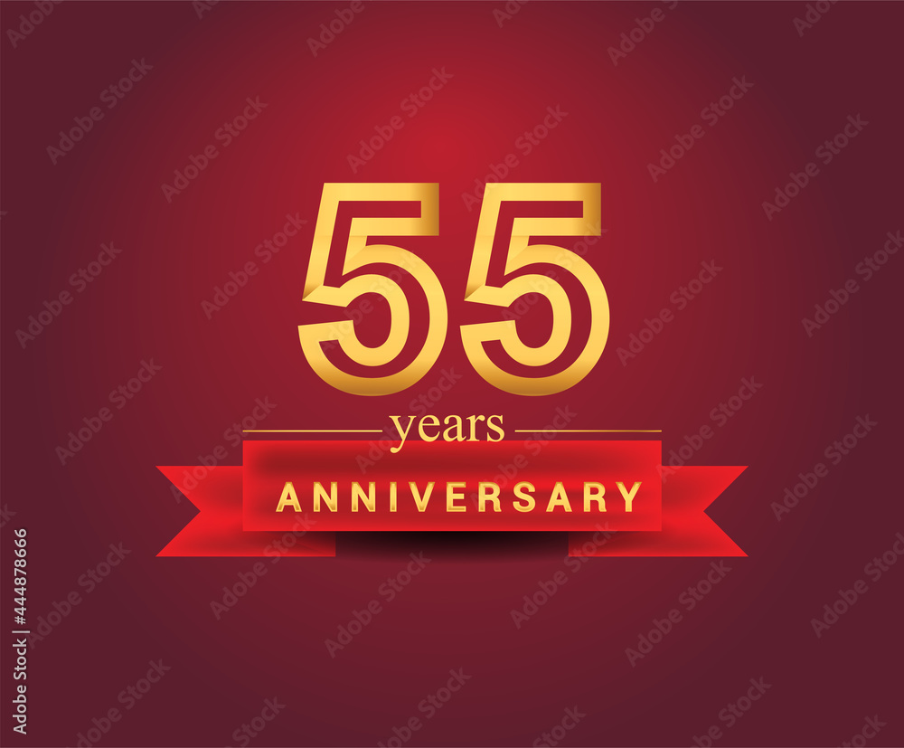 55th years anniversary design with red ribbon and golden color isolated ...