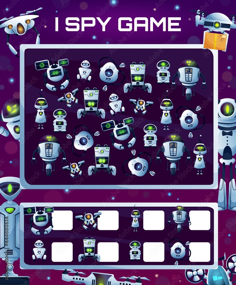 Kids education game with robots, vector I spy riddle with cyborgs, how ...