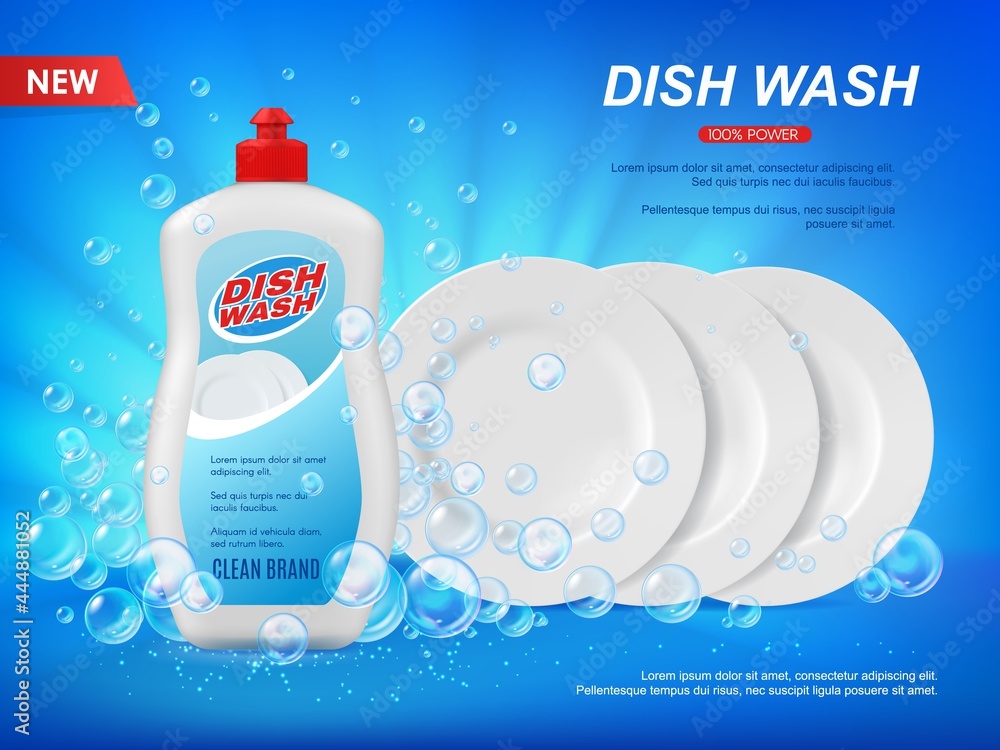 Detergent dishware cleaner with plates and bubbles. Dish wash vector ad ...