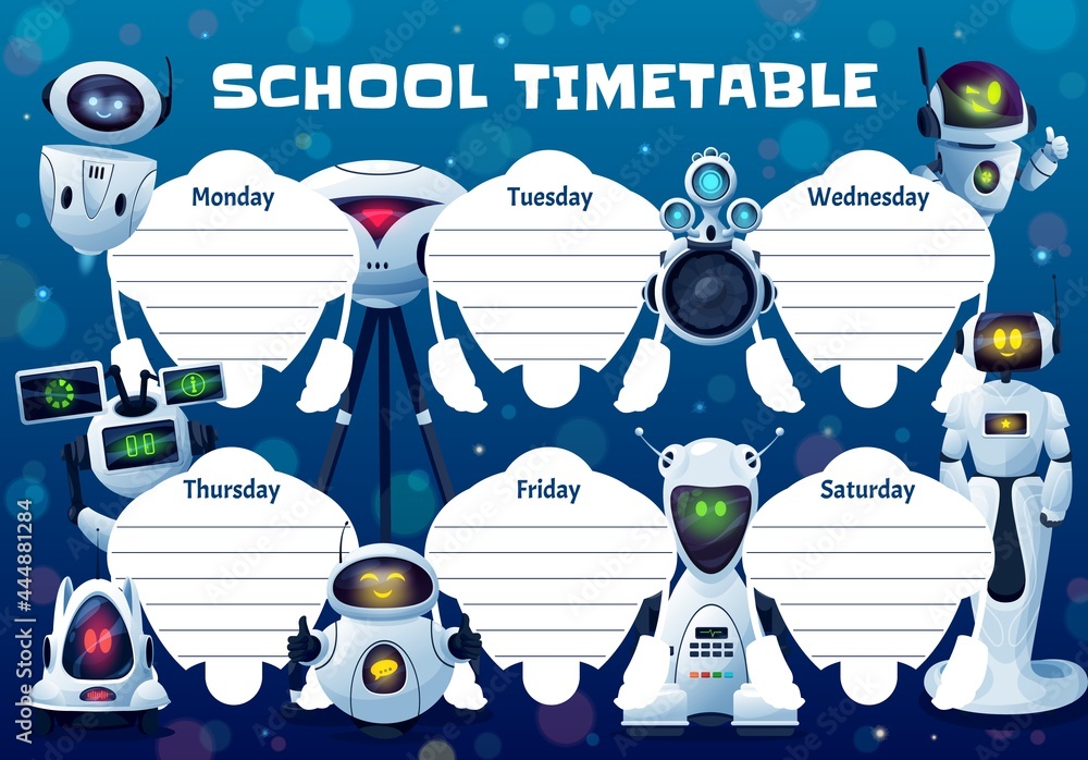 Drones, robots and androids school timetable vector template. Weekly ...
