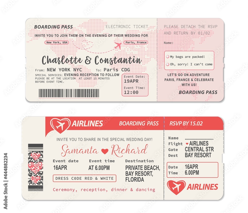 Boarding pass ticket. Wedding invitation template with airplane drawing ...