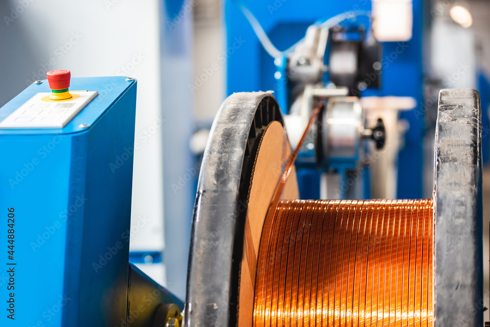 Copper wire cable production in coils, metal steel industrial plant ...