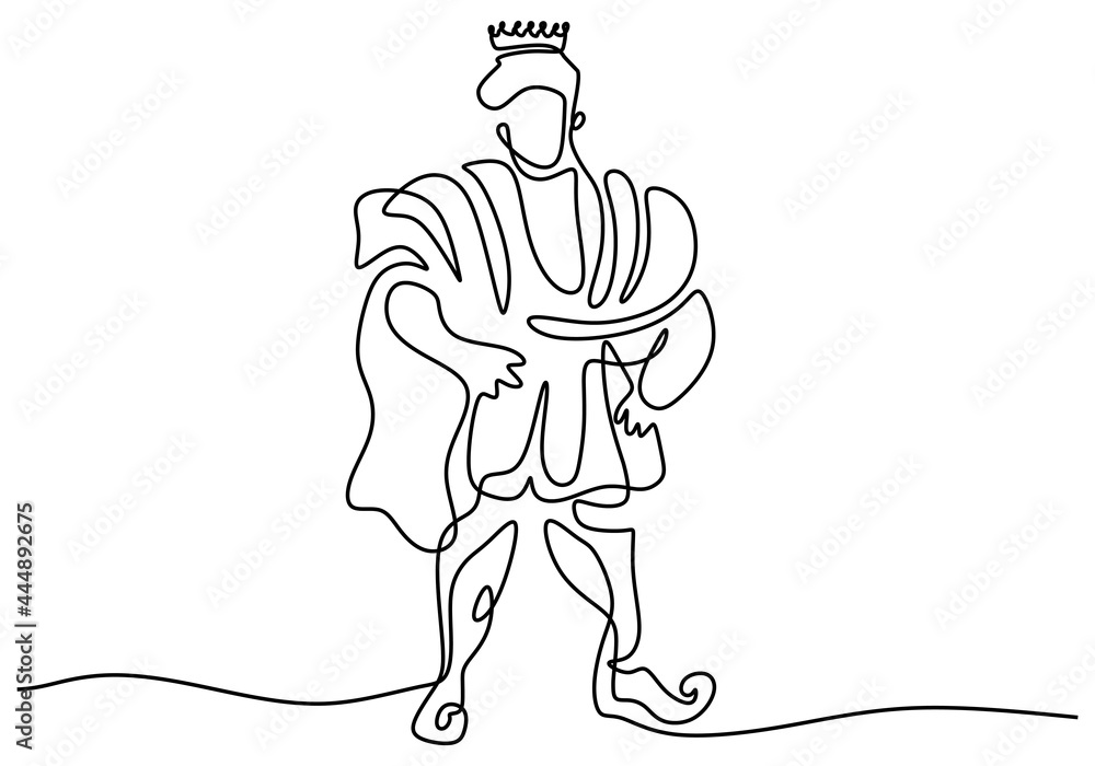 Continuous one line drawing of young prince is standing pose. Medieval ...