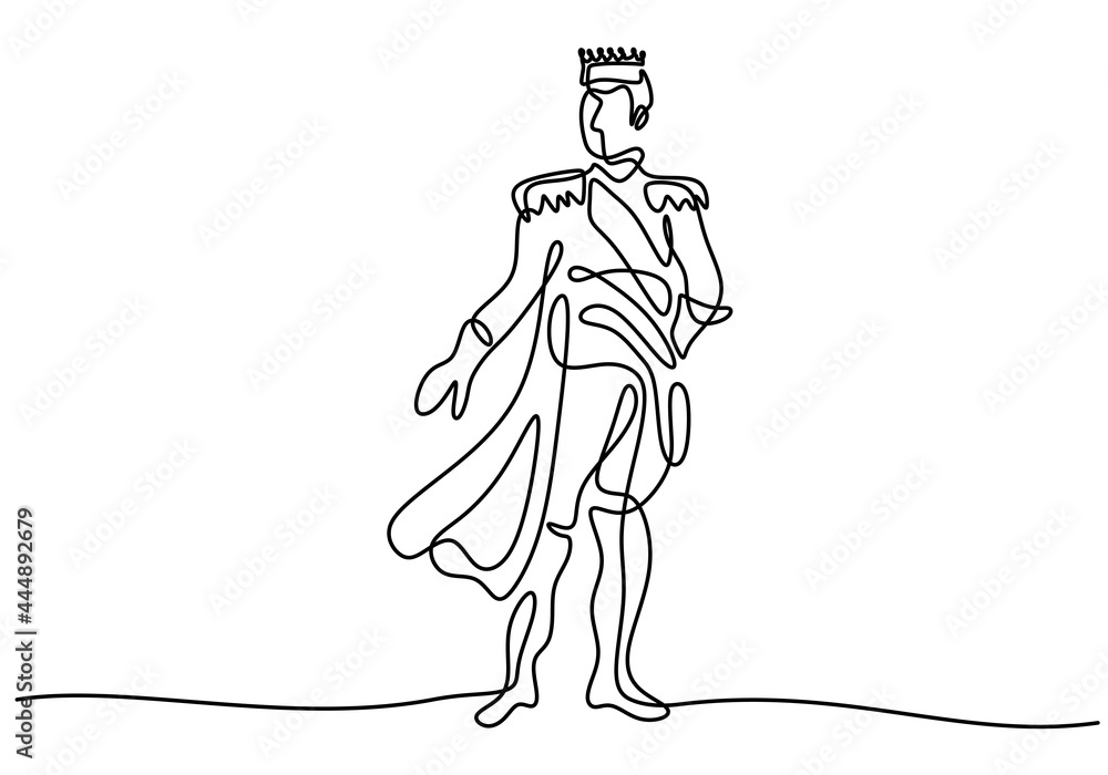 Continuous one line drawing of young prince is standing pose. Medieval ...
