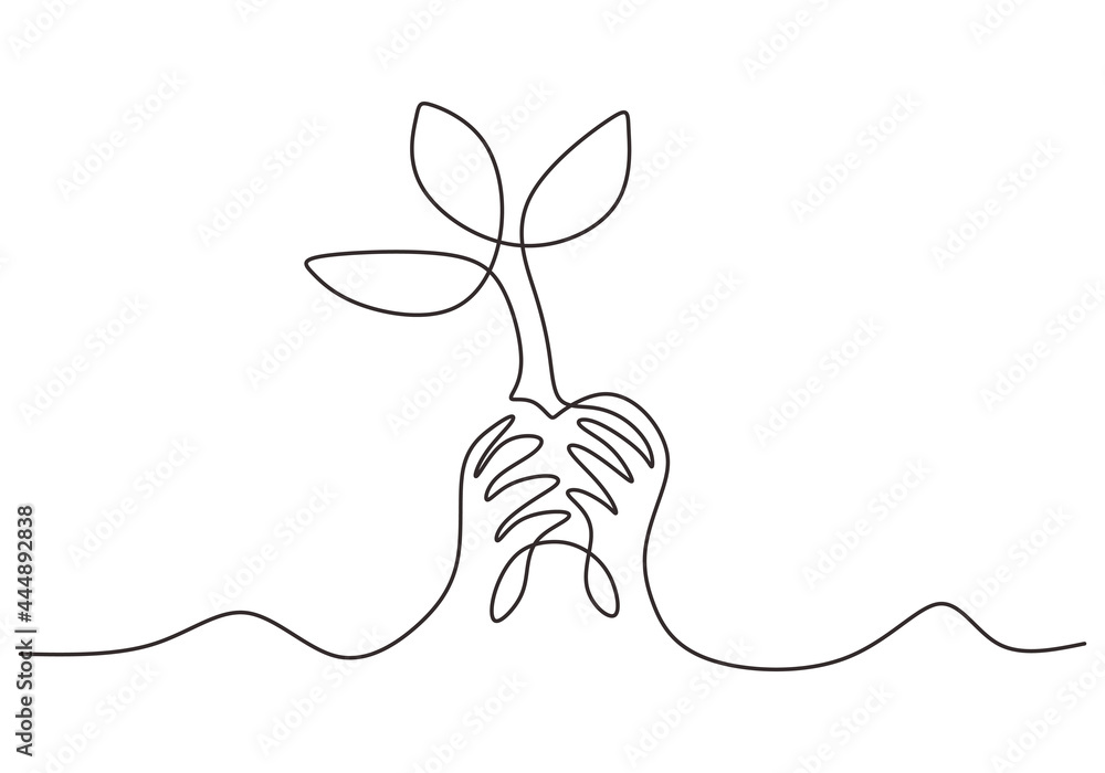 Continuous one line drawing of human hands holding a plant to describe ...