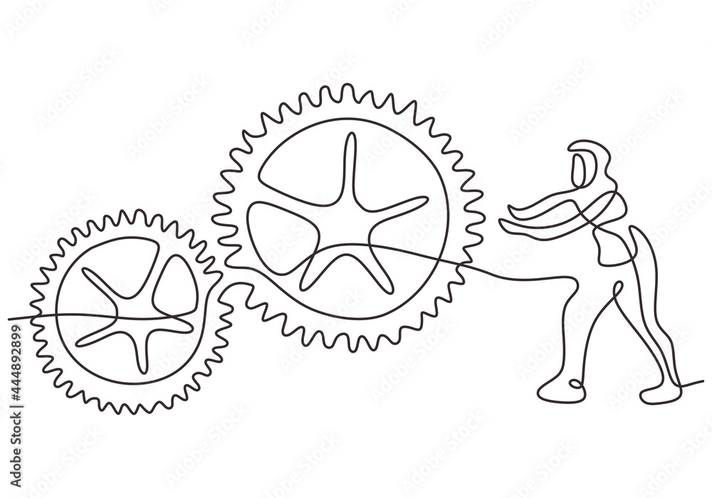 Man with moving gears wheels in continuous line drawing minimalist ...