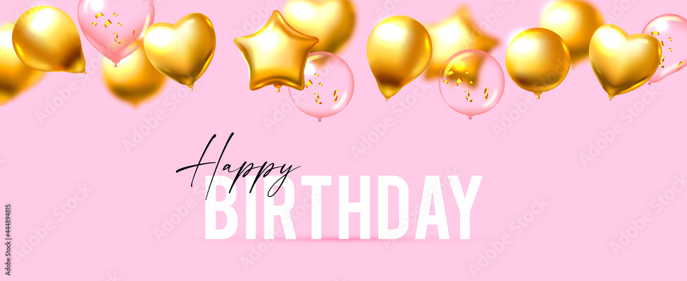 Happy Birthday with foil balloons. Glossy celebration design template ...