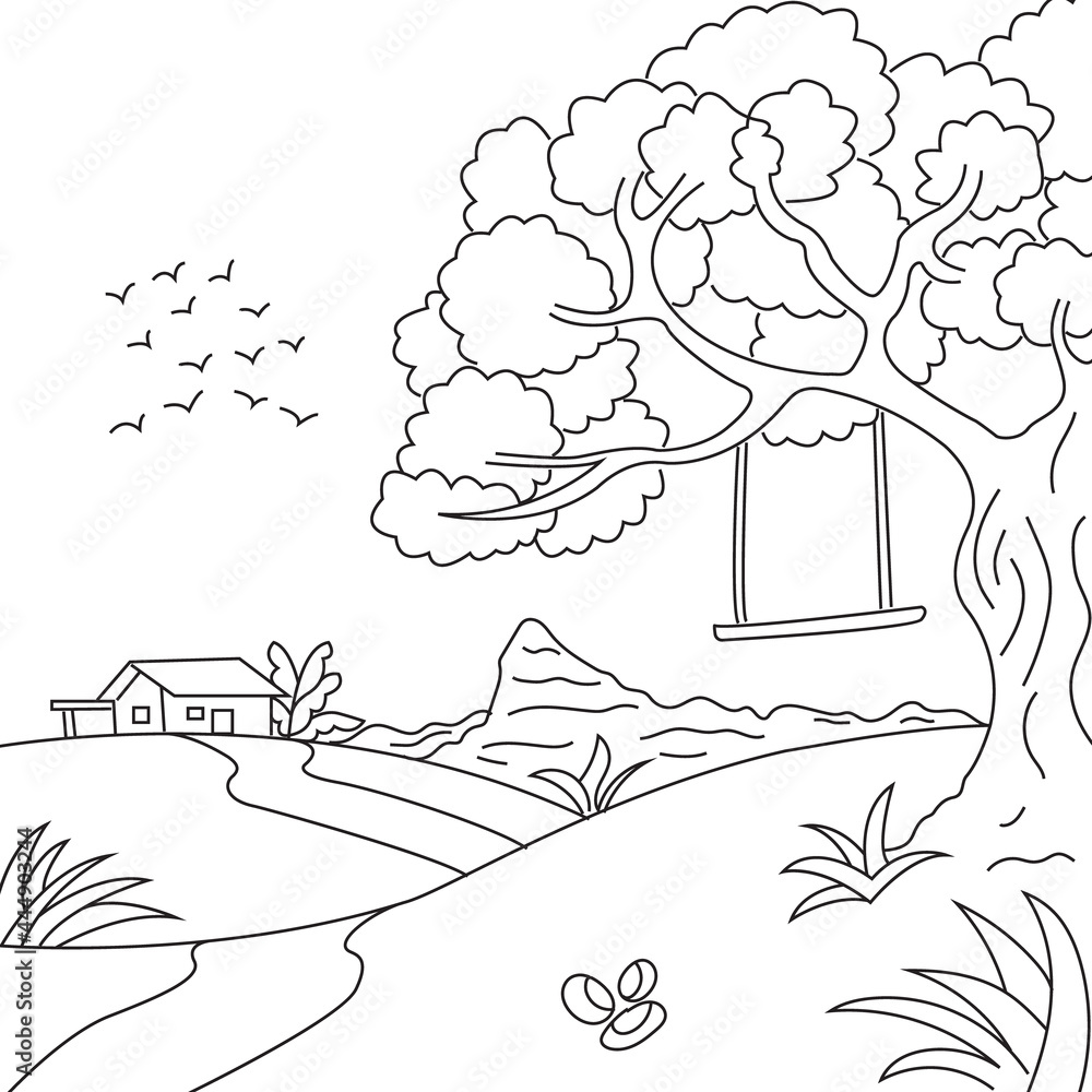 Cradle hanging on a tree vector illustration in cute line style ...
