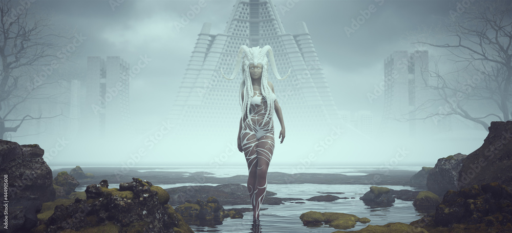 Futuristic Sci Fi Alien Villain Space Voodoo Witch Doctor Woman Walking ...