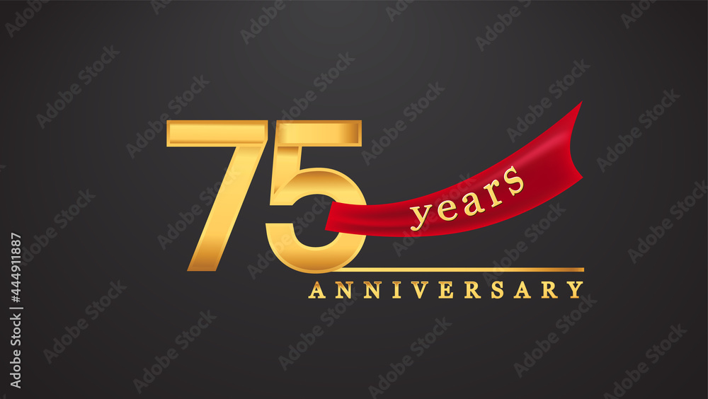 75th anniversary design logotype golden color with red ribbon for ...