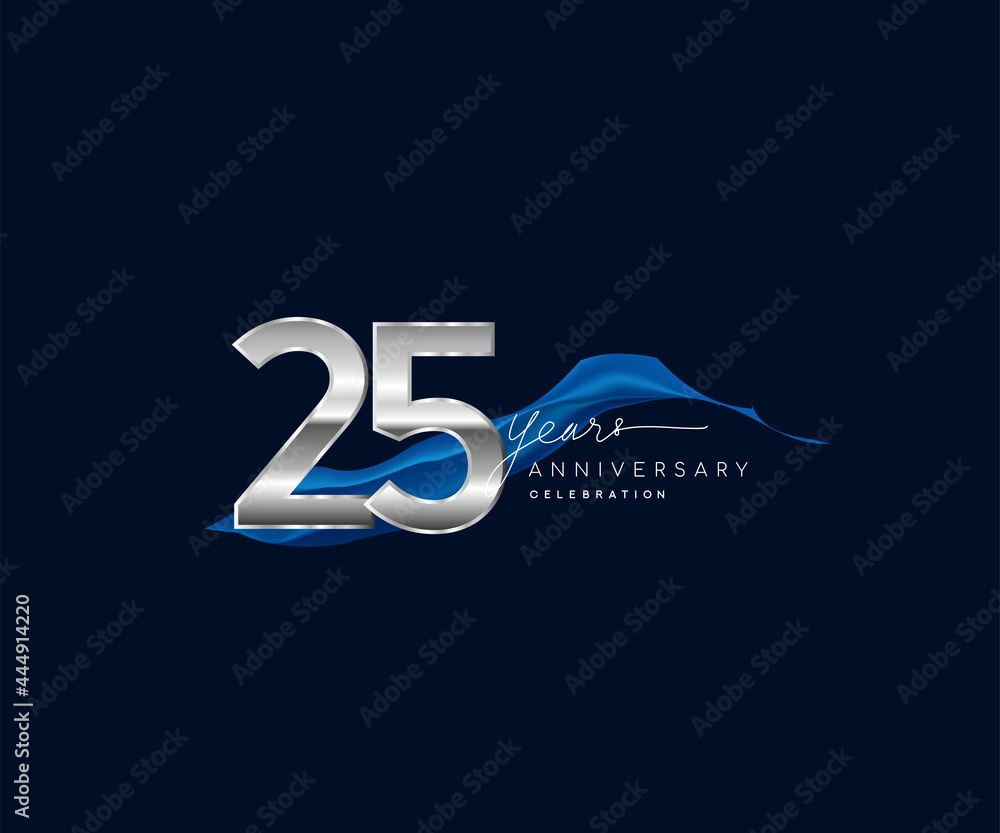 25th Years Anniversary celebration logotype silver colored with blue ...