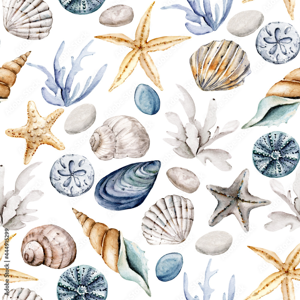 Seamless pattern with watercolor shells, repeat sea texture, background ...