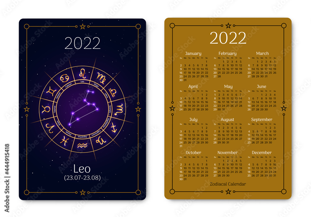 Leo pocket size calendar layout with zodiac sign. 2022 year double ...