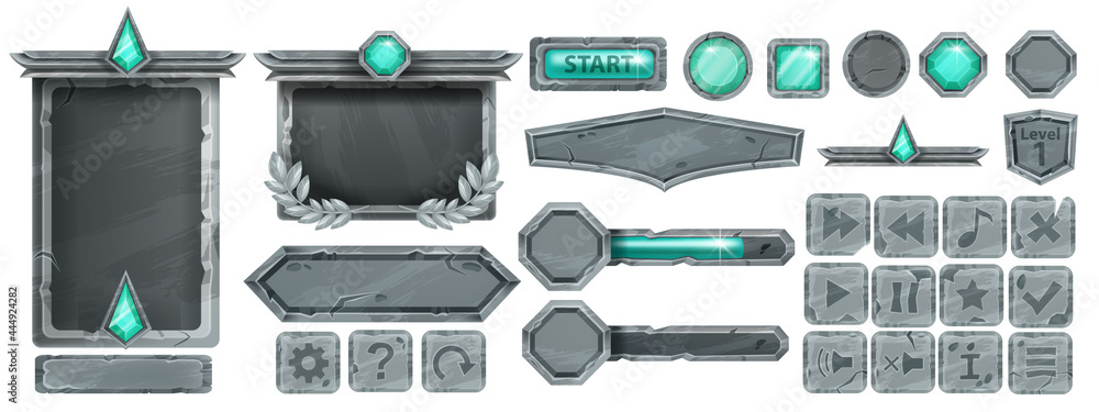 Stone UI game button set, rock vector frame, gray boulder sign board, green crystal, icon ...