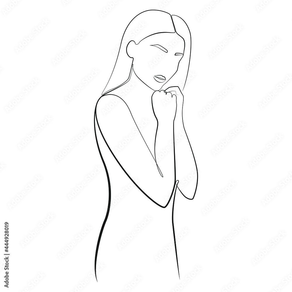 Young beautiful woman presses her hands to her chest line drawing on ...