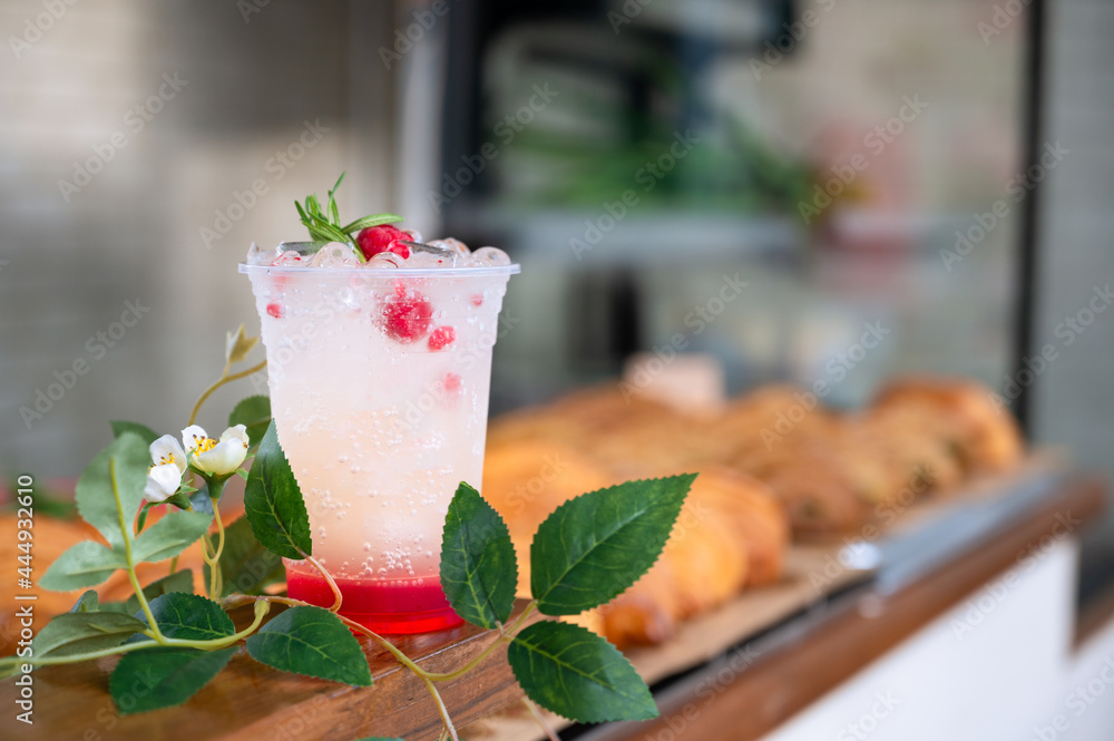 Raspberry Italian soda ready to serve for refreshing on counter bar in ...