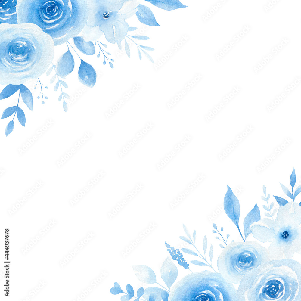 Watercolor blue floral frame isolated on white background. Wedding ...