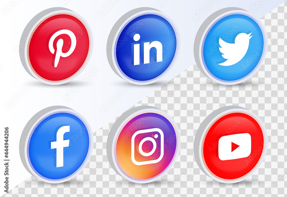 Popular social media icons in 3d buttons or network platforms logos, facebook, instagram ...