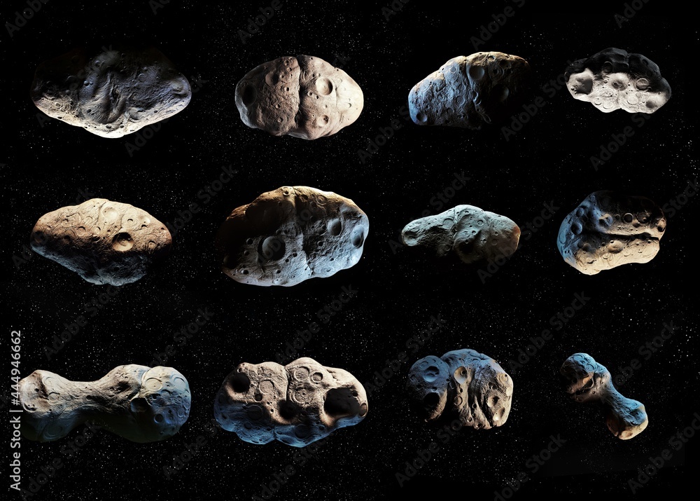 asteroids of the solar system on a black background, comparison of the ...