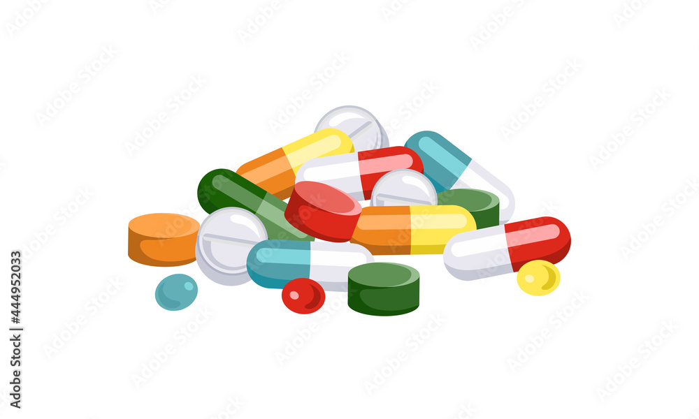 Heap of pills and capsules isolated on a white background. Vector ...