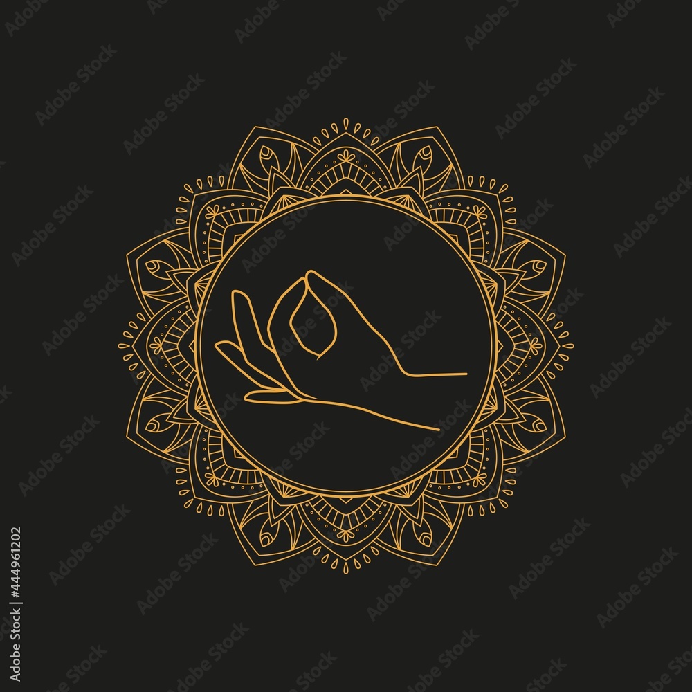 Gyan mudra on the ornate golden frame. Vector illustration on dark ...