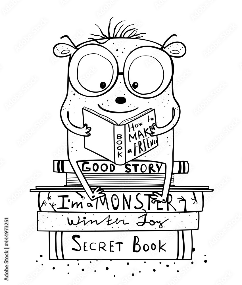 Funny cute monster reading books and study, adorable monochrome reading ...