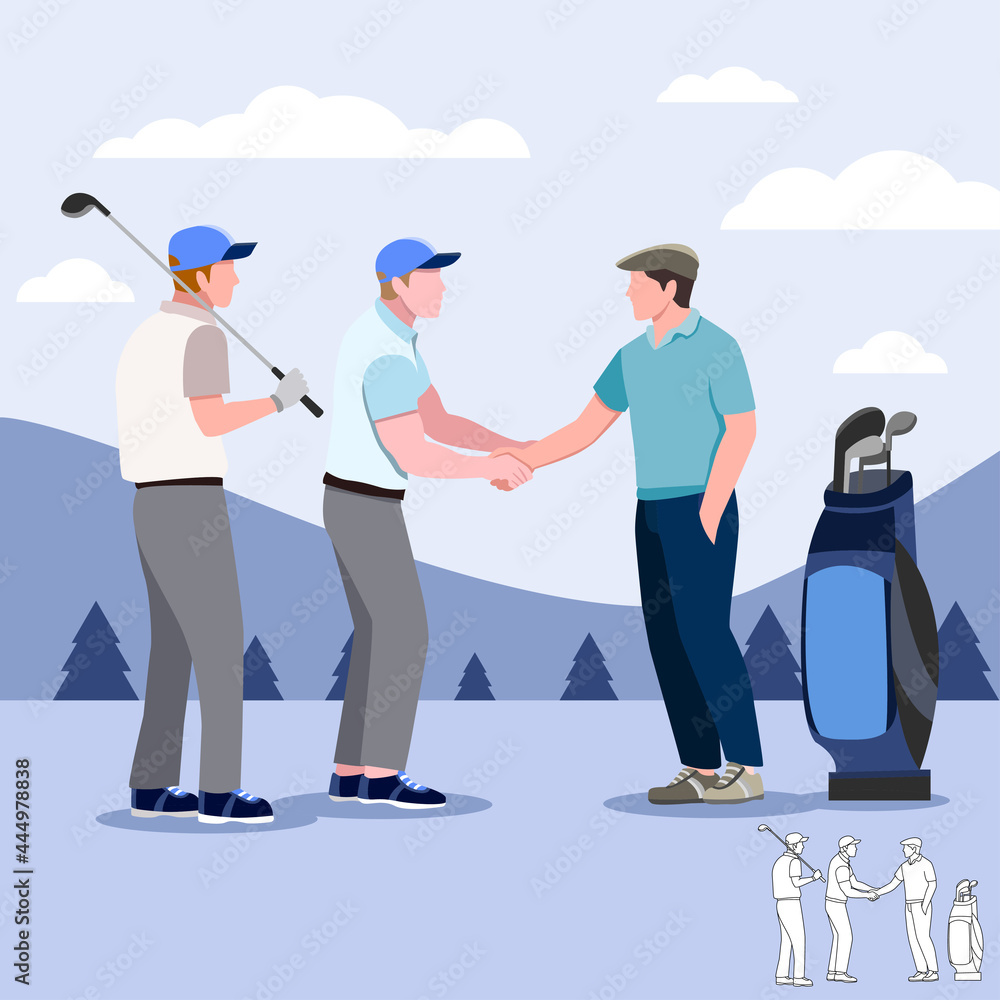Vecteur Stock Golf partners shaking hands on the fields at golf course ...