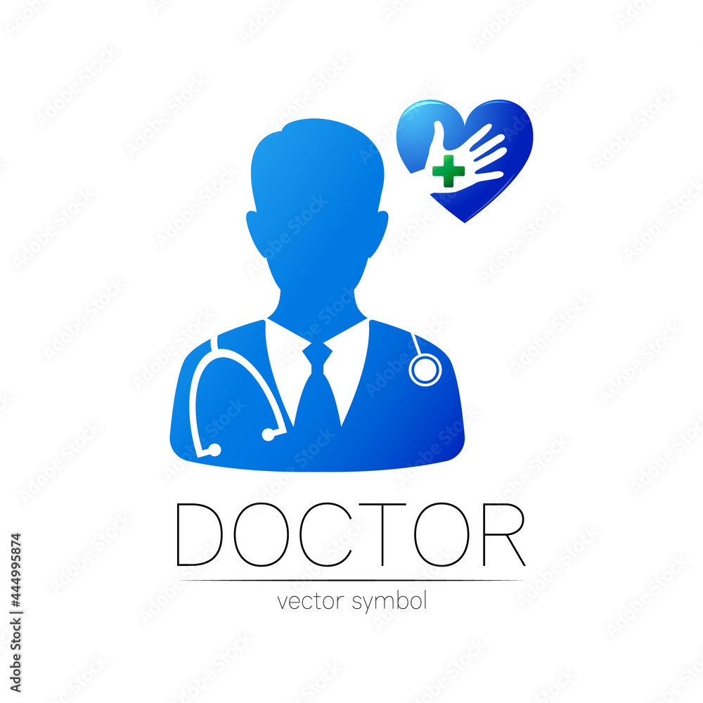 Doctor vector logotype in blue color with heart and cross. Silhouette ...