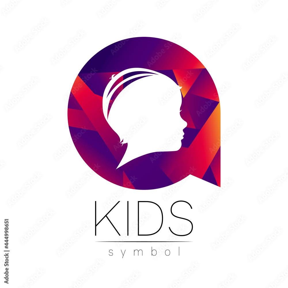 Child logotype in violet circle, vector. Silhouette profile human head ...